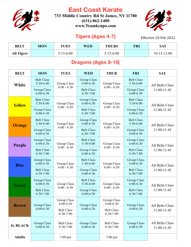 Schedules - East Coast Karate